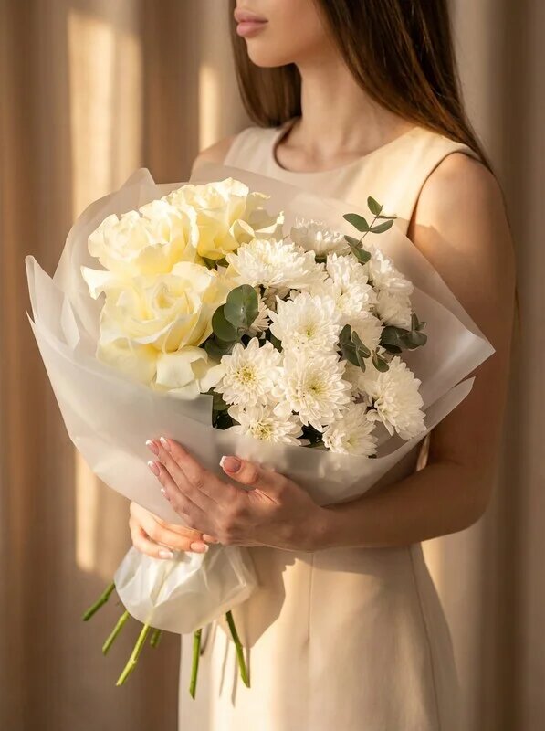 Букет из хризантем «Белоснежка» — Букет цветов «Белоснежка» из хризантем и французской розы