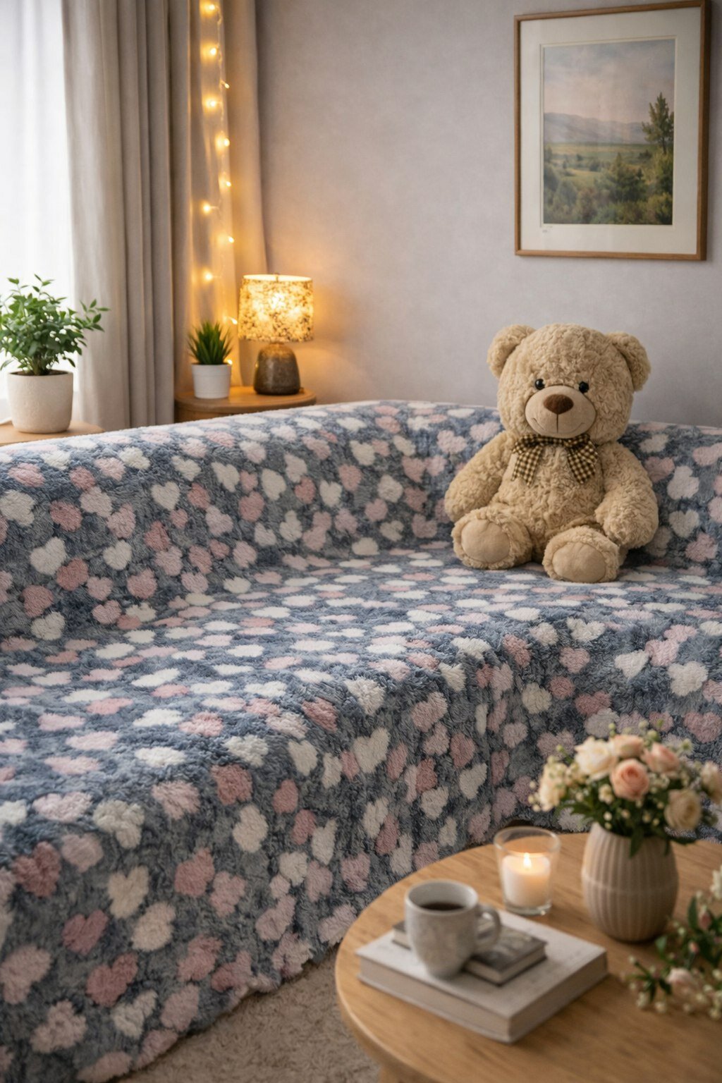 Плед флисовый 180х200 см пушистый принт сердечки на диван, кресло. Покрывало на кровать