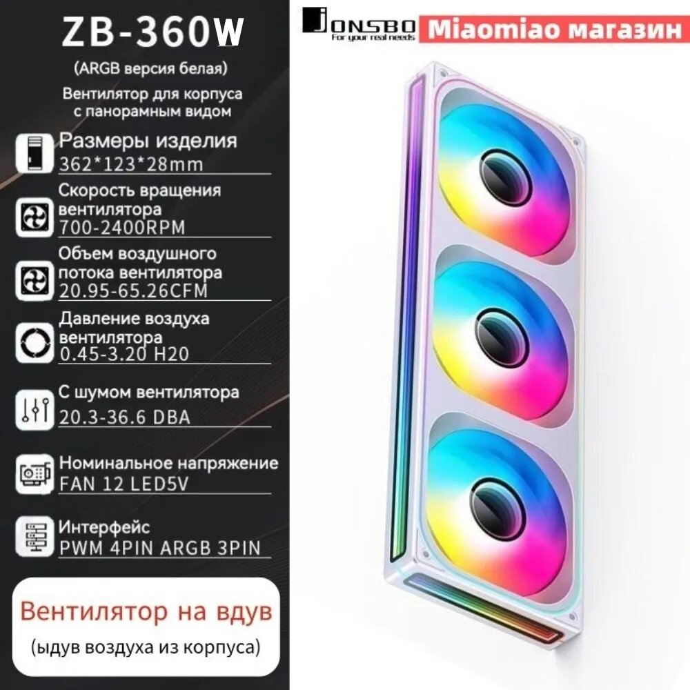 Вентилятор Jonsbo ZB-360W_G, белый, зеркальный, для корпуса с панорамным видом, 362*123*28mm