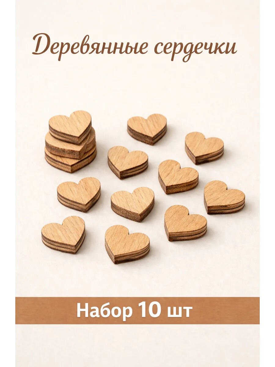 Деревянные сердечки 1 см, набор 10 шт, декор