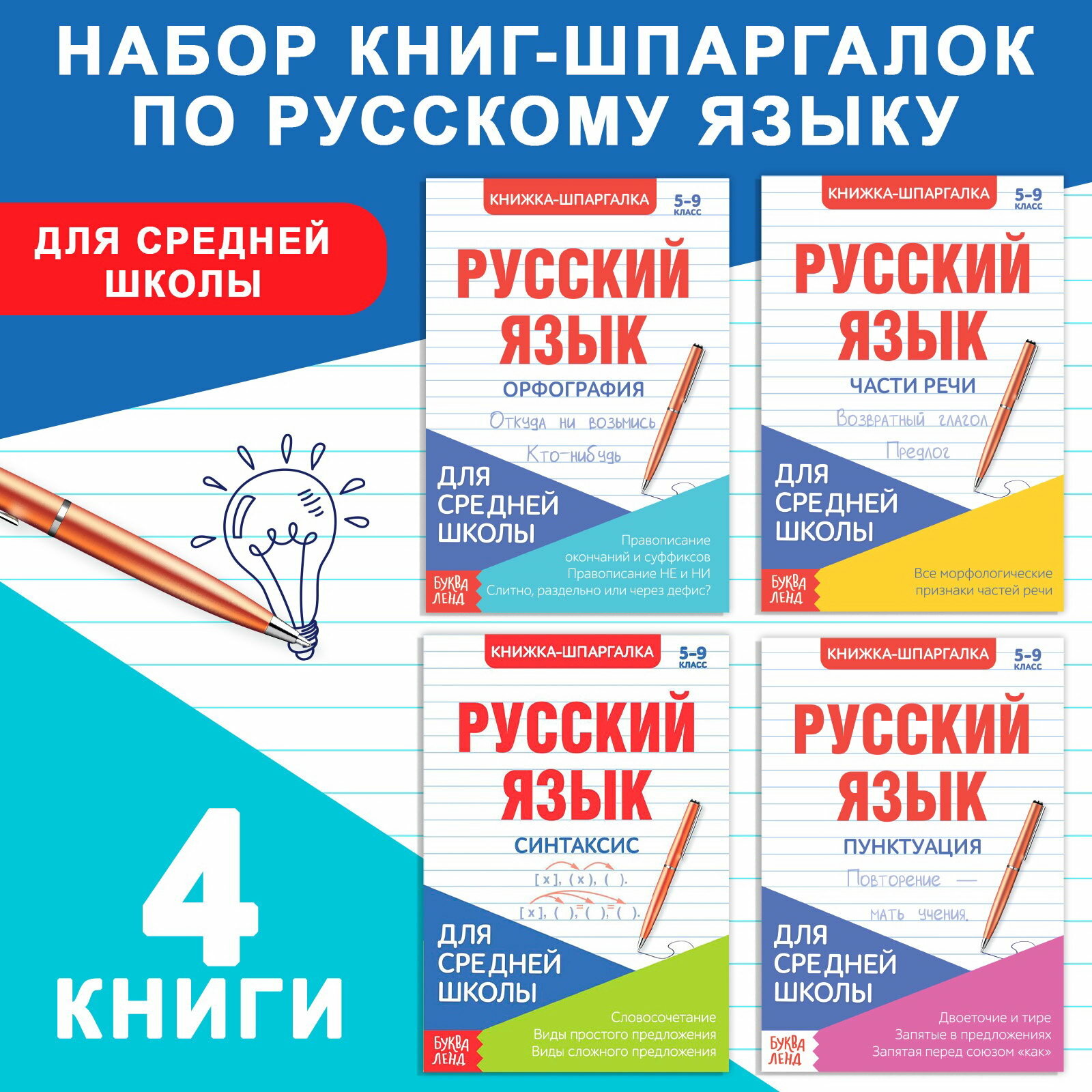 Шпаргалки для средней школы набор "Учим русский язык", 4 шт.