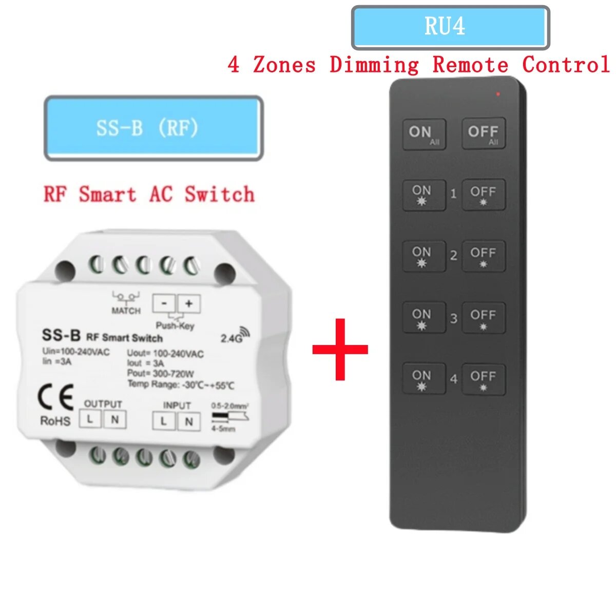 RF Smart AC Switch SS-B (RF) + RU4 4 Zones Dimming Remote Control