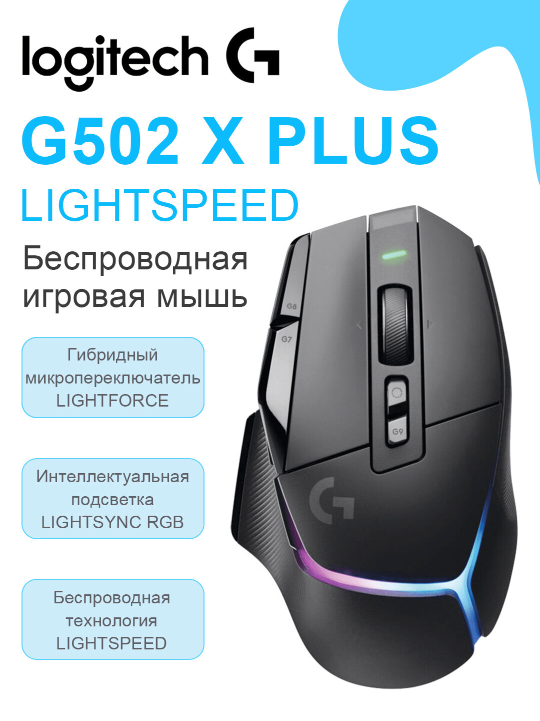 Logitech G502 X PLUS LIGHTSPEED Игровая мышь, беспроводная, RGB, новые потоковые огни, чёрный