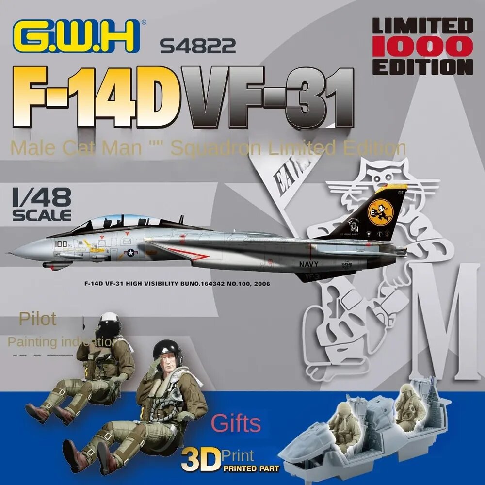 Great Wall S4822 1/48 F-14D VF-31 Squadron, лимитированная версия с раскраской и 3D-пилотом, сборная модель самолета для коллекционеров и моделистов