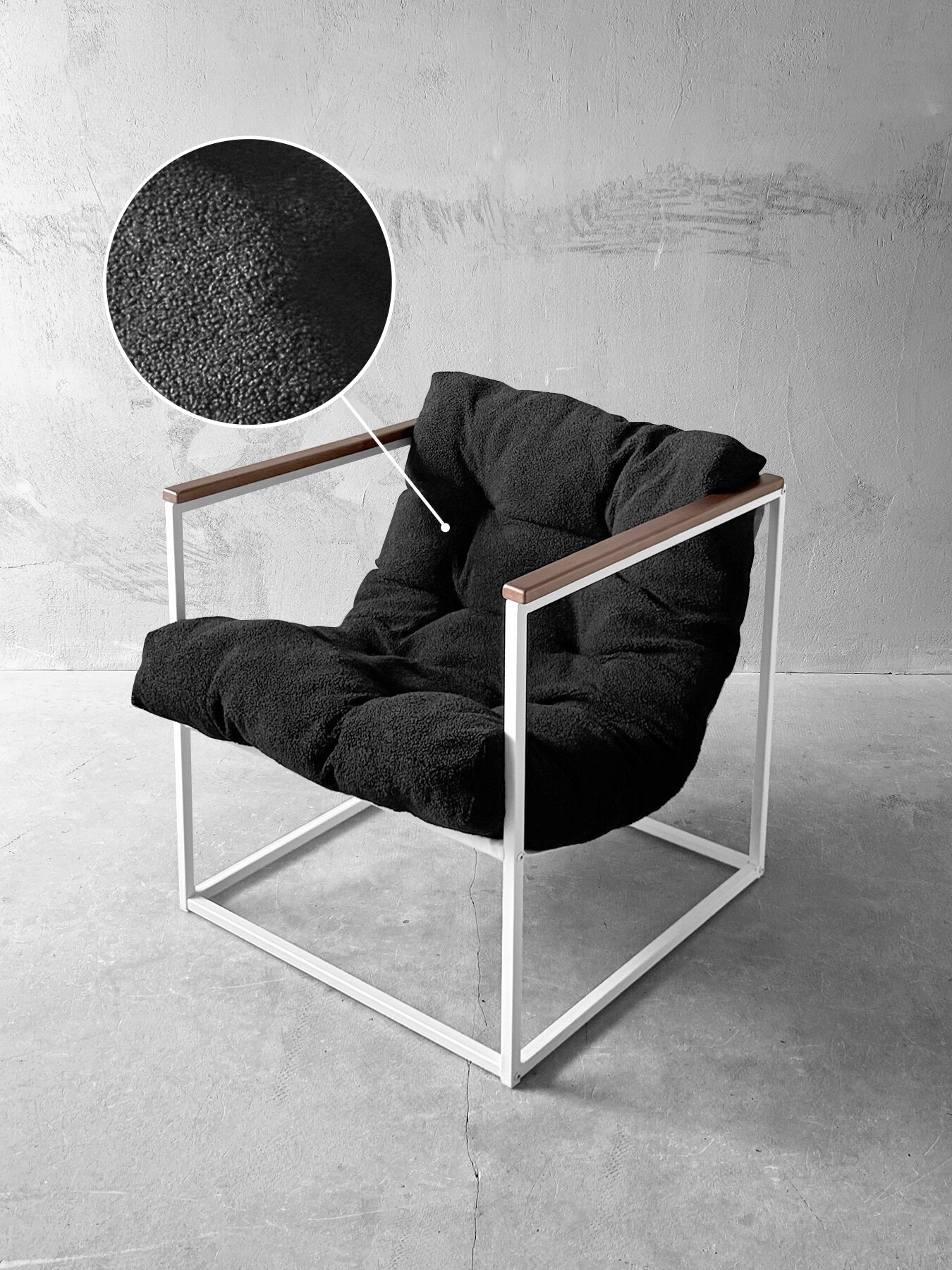 Кресло в стиле лофт, минимализм, Лофтовик ++ белый плюш, белый металл, деревянные подлокотники