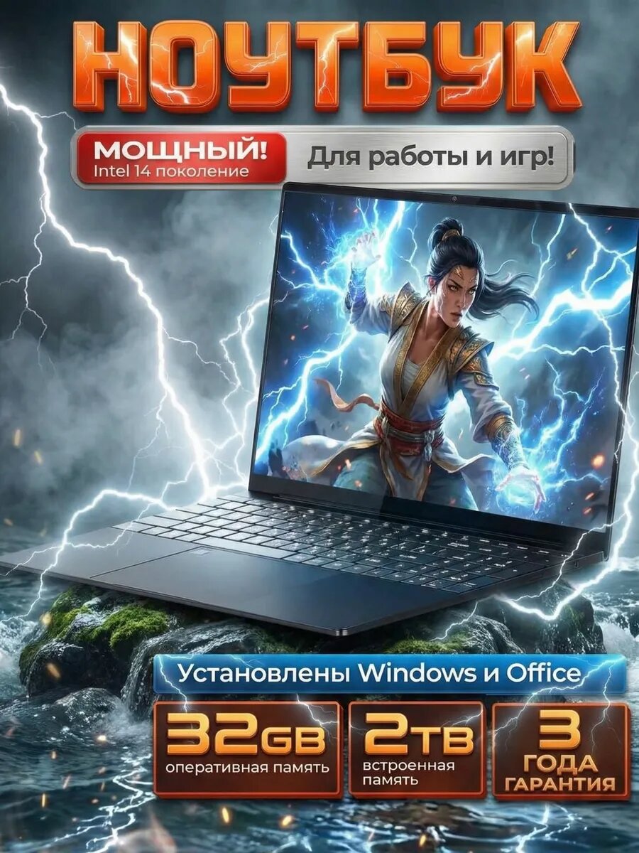 Ноутбук игровой 2026 N-Series, RAM 32GB, SSD 2048GB, IPS + Windows