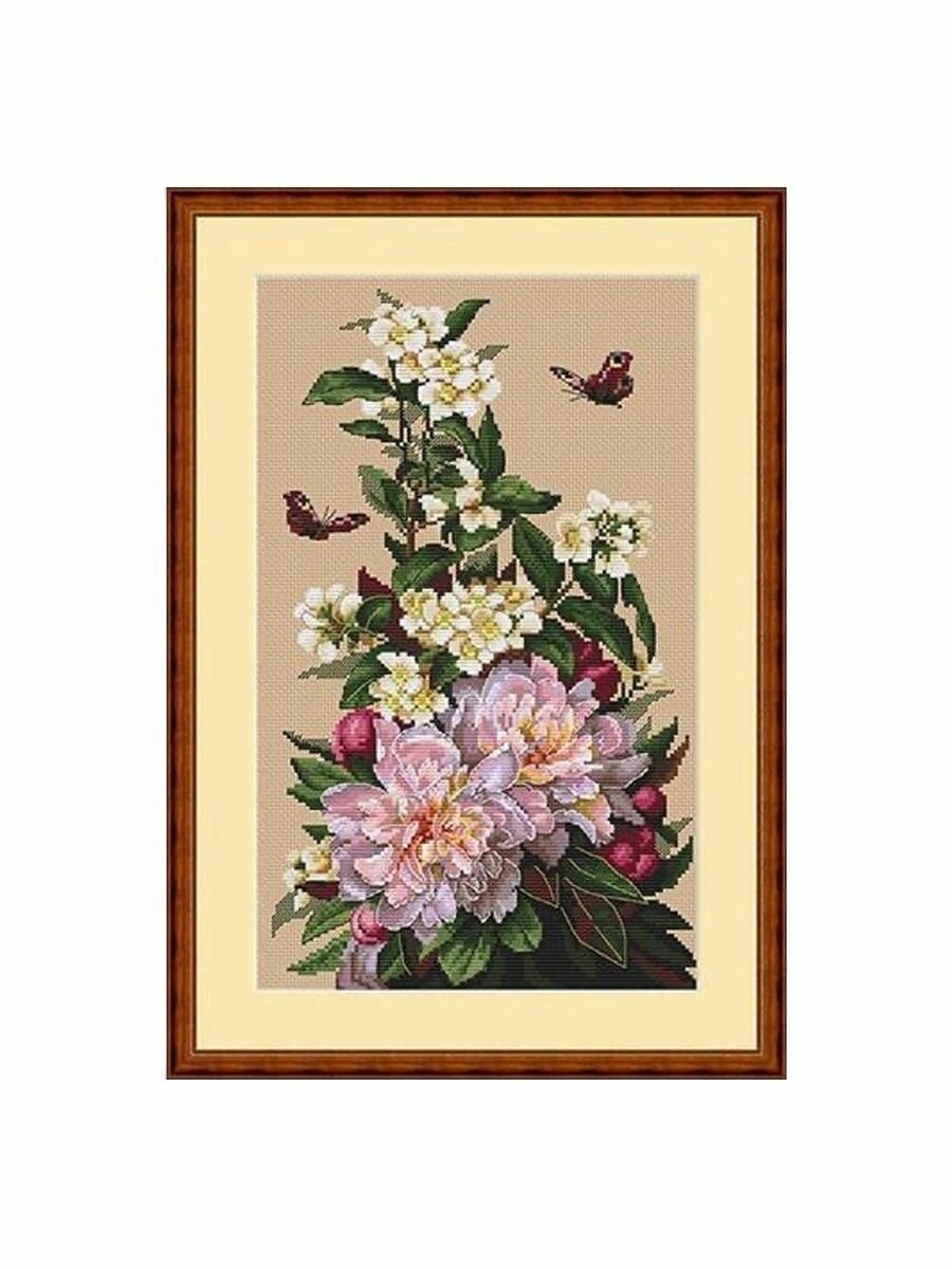 Набор для вышивки крестиком " Merejka K-58 Peonies ", 18CT Aida, 16 х 27 см, 36 цветов, 113 x 187 стежков