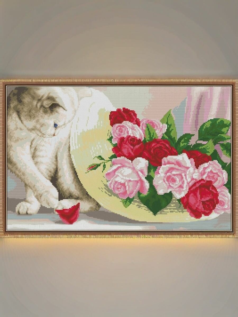 Набор для вышивки Amishop "Кот и роза", 18CT Aida, 252 x 162 стежков, 39 цветов, 23 x 36 cm