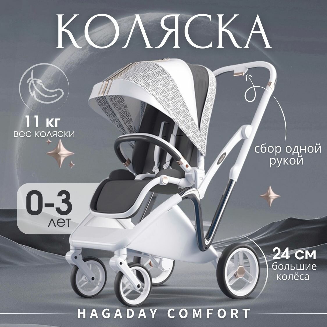 Коляска прогулочная Hagaday Comfort White, от 0 до 3 лет, реверсивное сиденье 360°, амортизация