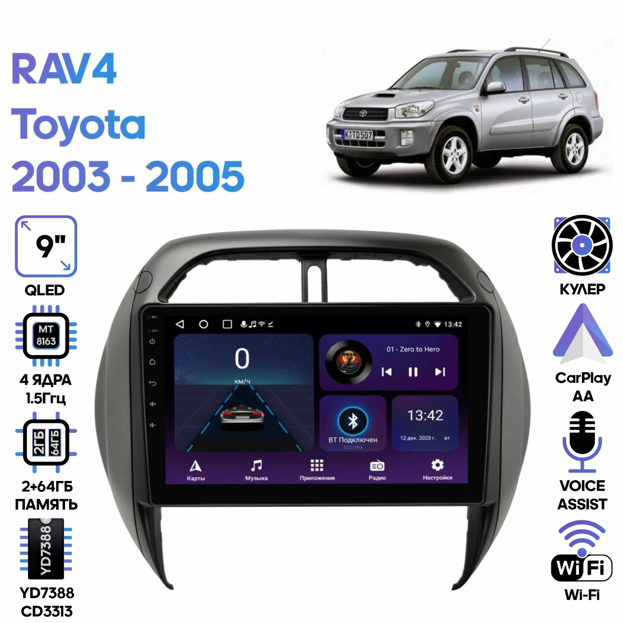 Магнитола Toyota RAV4 2003 - 2005 / 9 дюймов, 2/64GB, 4 ядра, Wi-Fi, Android 9 / Wide Media