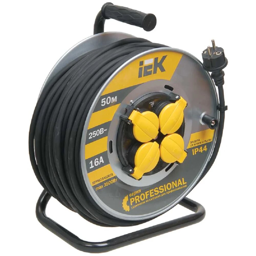 Катушка IEK УК50, с т/з, 4 места, 2Р+PЕ, 50м, КГ 3х2,5мм2, IP44, "Professional" WKP17-16-04-50-44
