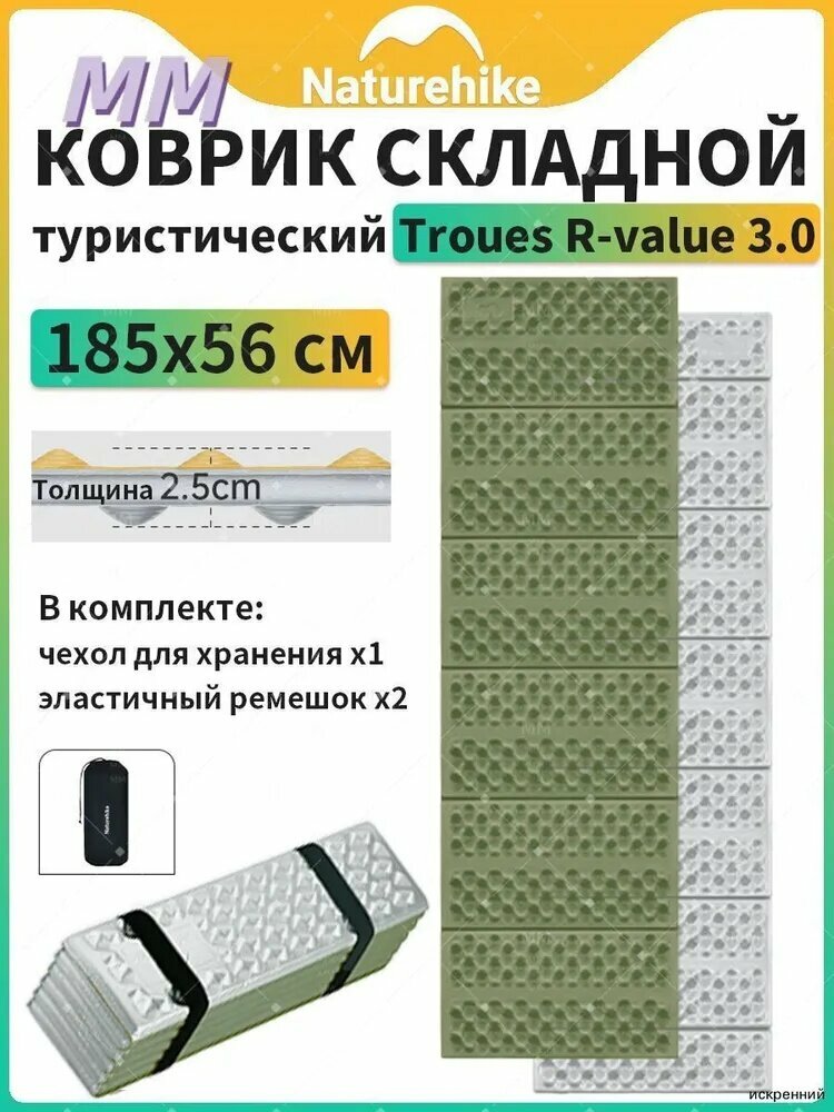 Коврик гармошка туристический складной односпальный (каремат) Naturehike Troues R-value 3.0, 185x56x2.5см