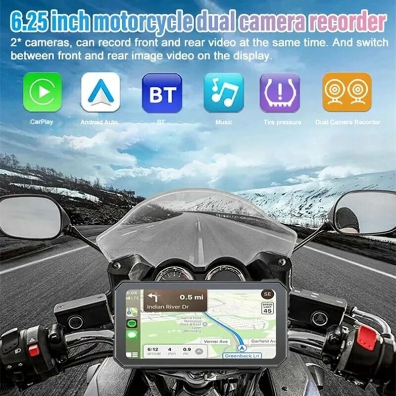 6,25-дюймовый мотоциклетный видеорегистратор с беспроводным CarPlay для Android Auto GPS-навигатор с Bluetooth-монитором, водонепроницаемым