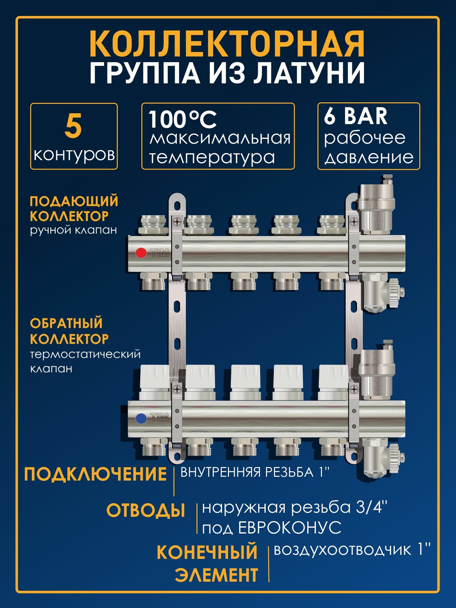 Коллектор для теплого пола, 5 контуров, коллекторная группа отопления, латунь