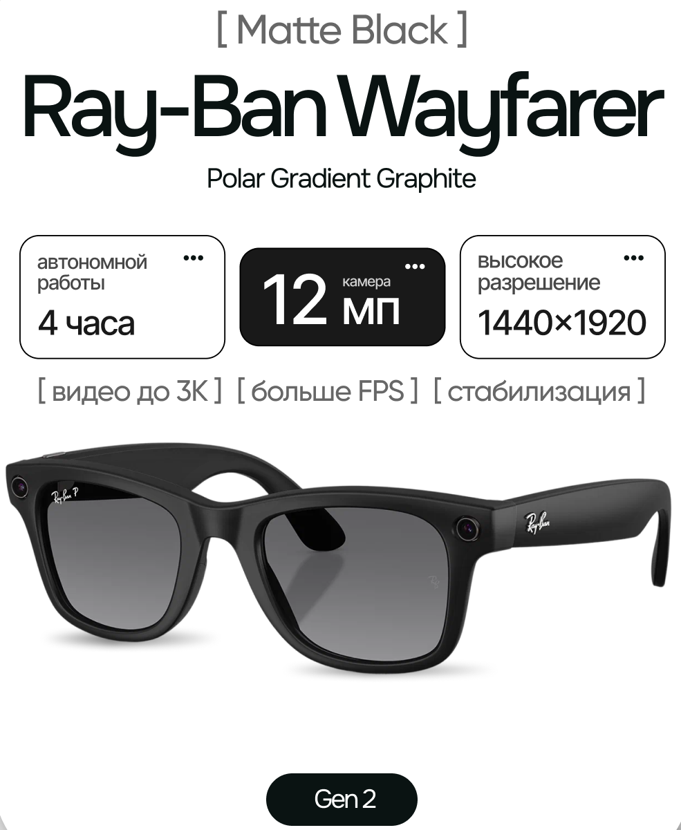 Умные Очки Ray-Ban Wayfarer (Gen 2) с камерой, Matte Black/Polar Gradient Graphite размер M- 50