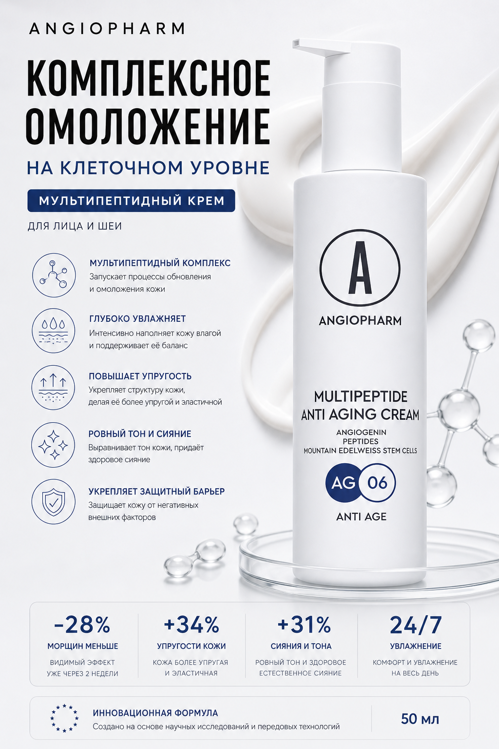 Крем Angiopharm Мультипептид, омолаживающий, для всех типов кожи, 200 мл