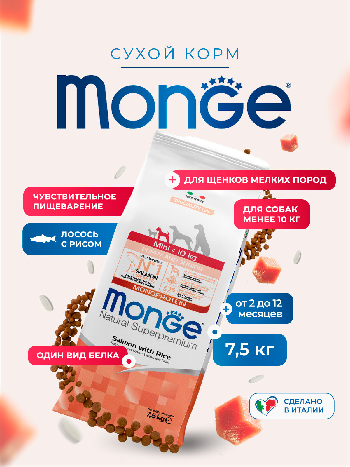 Сухой корм Monge Dog Speciality Line Monoprotein для щенков мелких пород, из лосося с рисом 7,5 кг