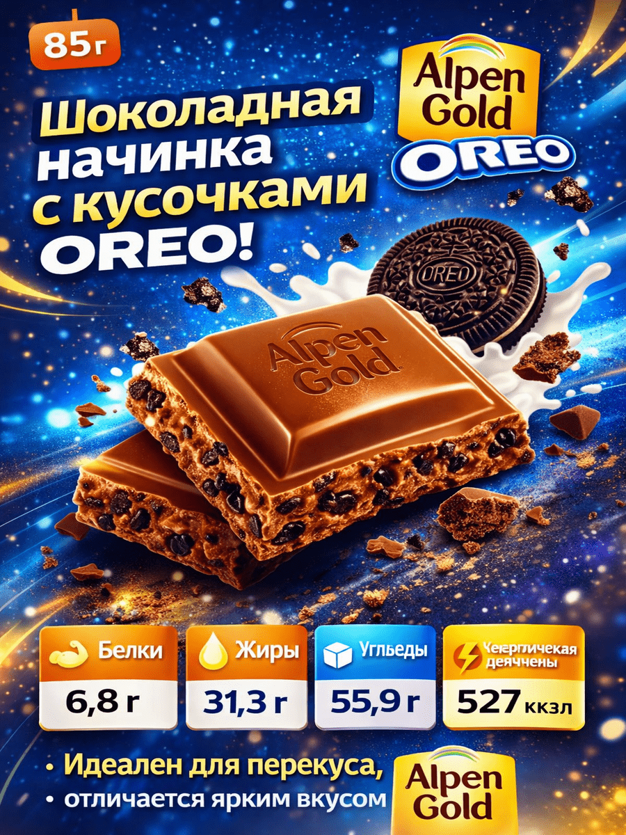 Шоколад Alpen Gold Oreo Шоколадная начинка молочный, 85г