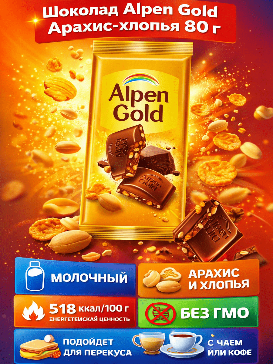 Шоколад Alpen Gold Арахис-хлопья, 80г