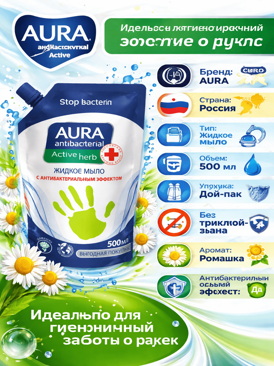 Мыло жидкое Aura Ромашка с антибактериальным эффектом, 500мл