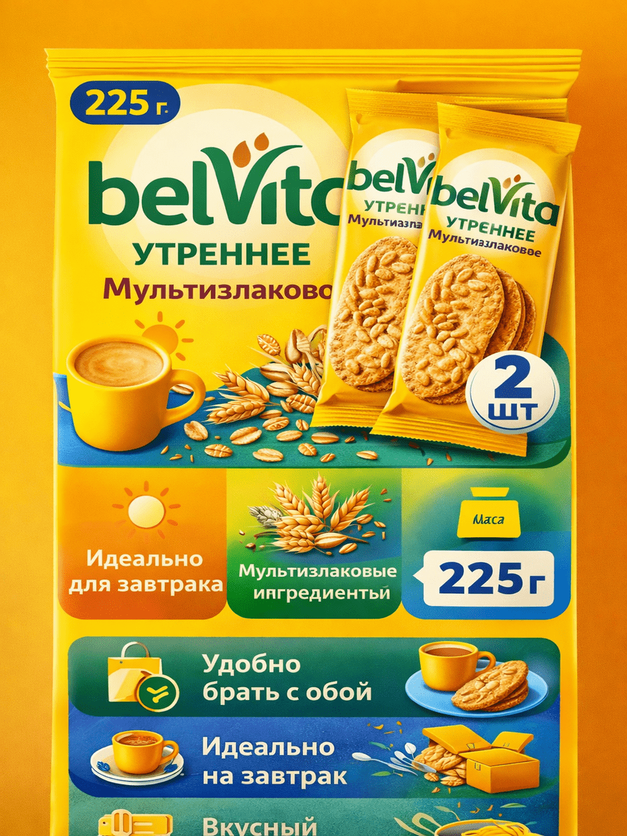 Печенье BELVITA Утреннее Мультизлаковое, 225г x 2 упаковки