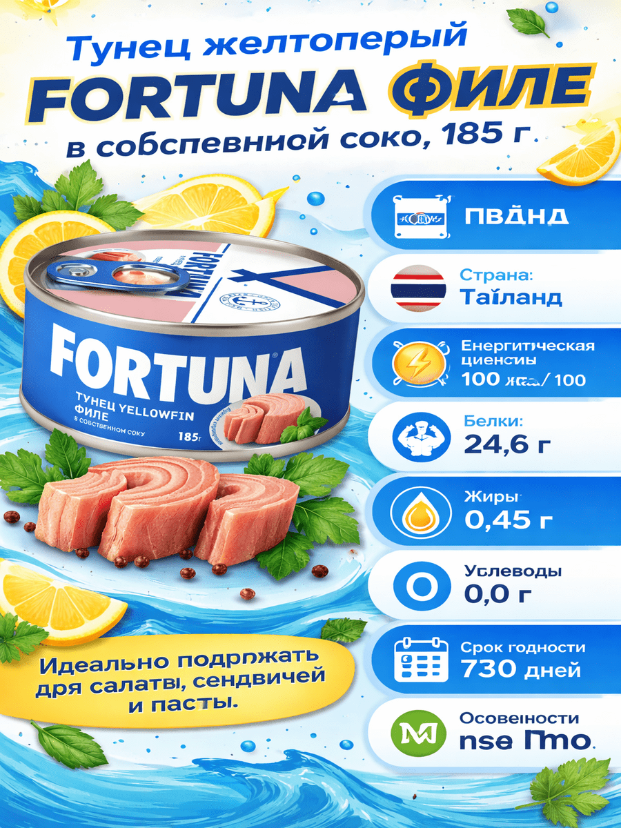 Тунец желтоперый Fortuna Yellowfin филе в собственном соку, 185г