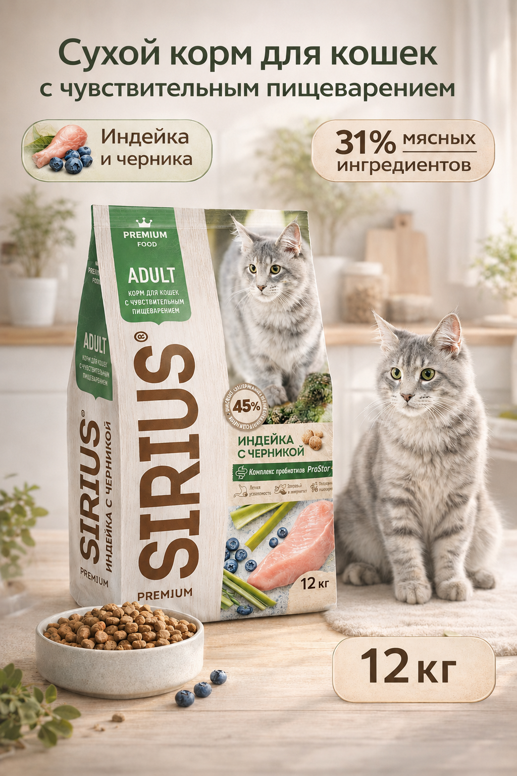 Корм для кошек SIRIUS 12кг с чувствительным пищеварением Индейка с черникой 12кг