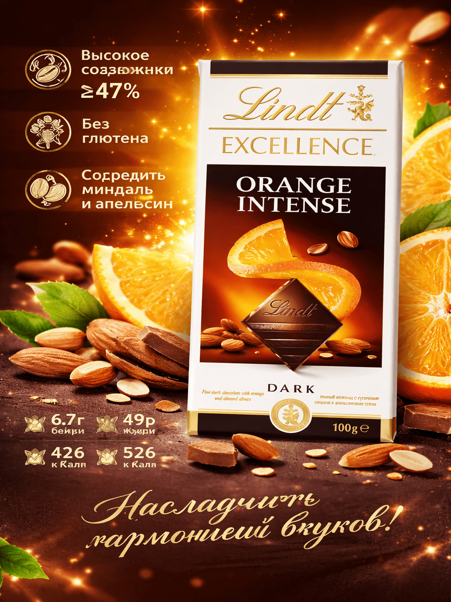 Шоколад Lindt Excellence темный с кусочками апельсина и миндаля, 100г