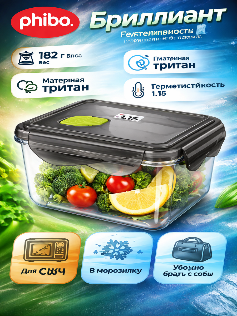Контейнер Phibo Бриллиант квадратный, 1.15л
