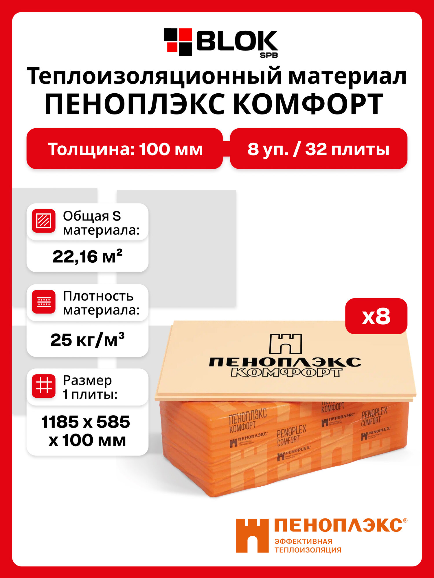 Пеноплекс Комфорт 100 мм ( 8 уп / 22,16 м2 / 32 плиты) Утеплитель из пенополистирола для стен, крыши, пола