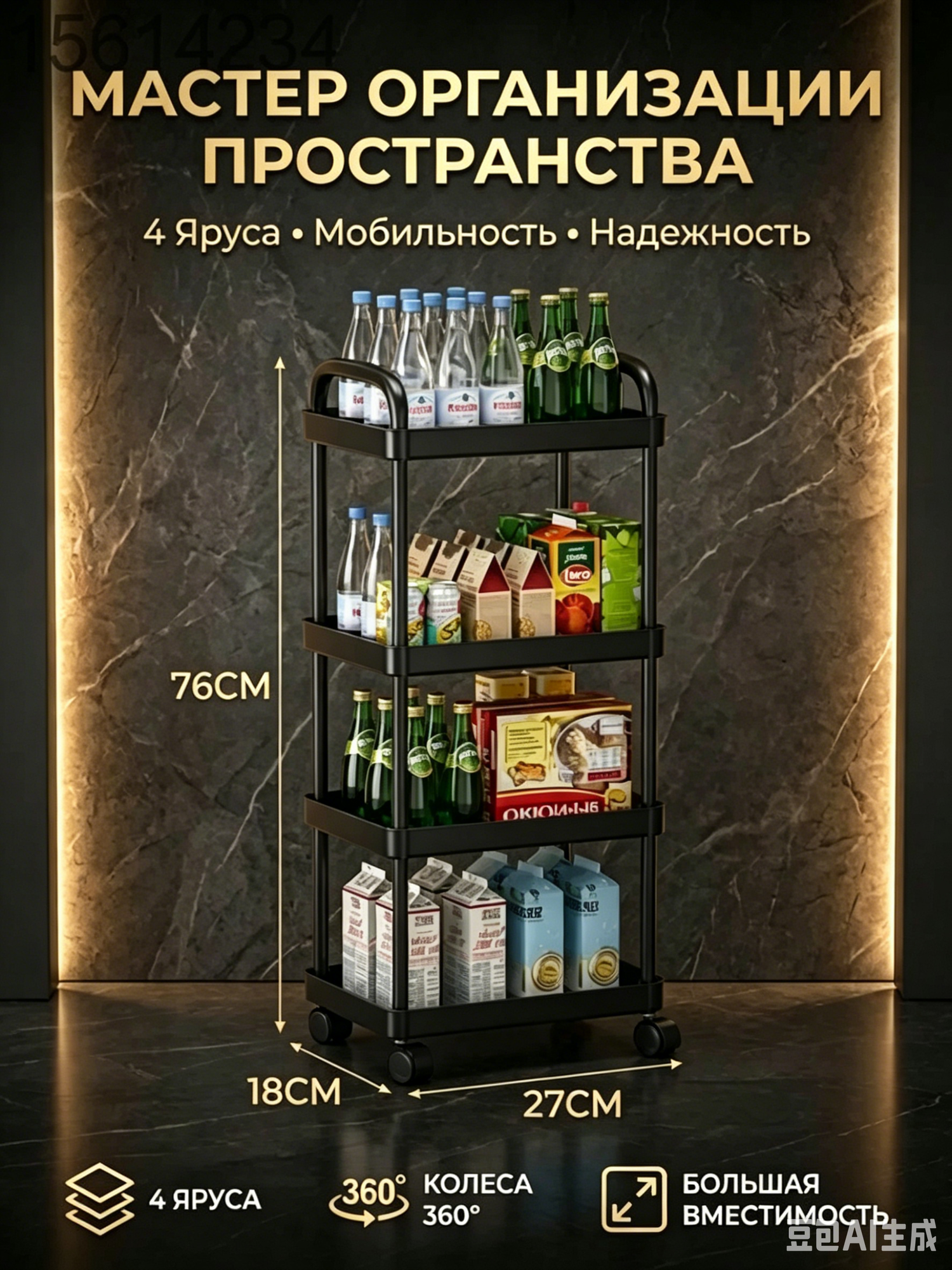 Этажерка, ABS пластик, 27х18х76 см Четырехъярусная узкая мобильная тележка для хранения