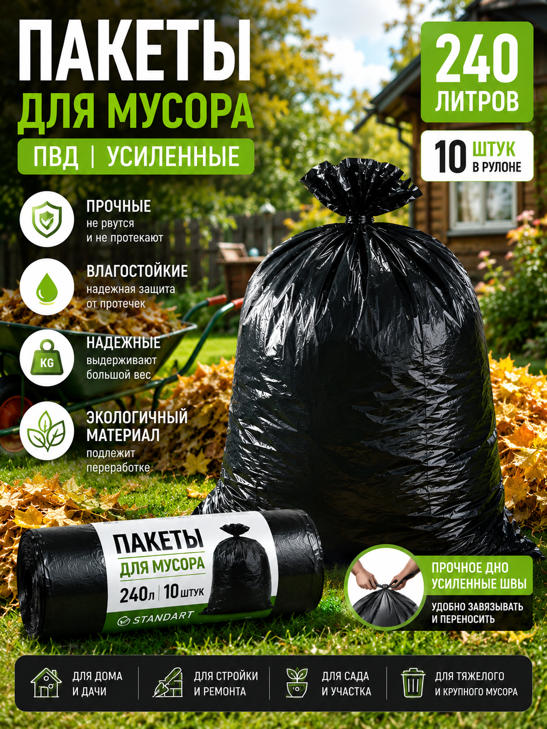 Пакеты для мусора 240л 10шт. ПВД рулон черные Standart (145281) особопрочные