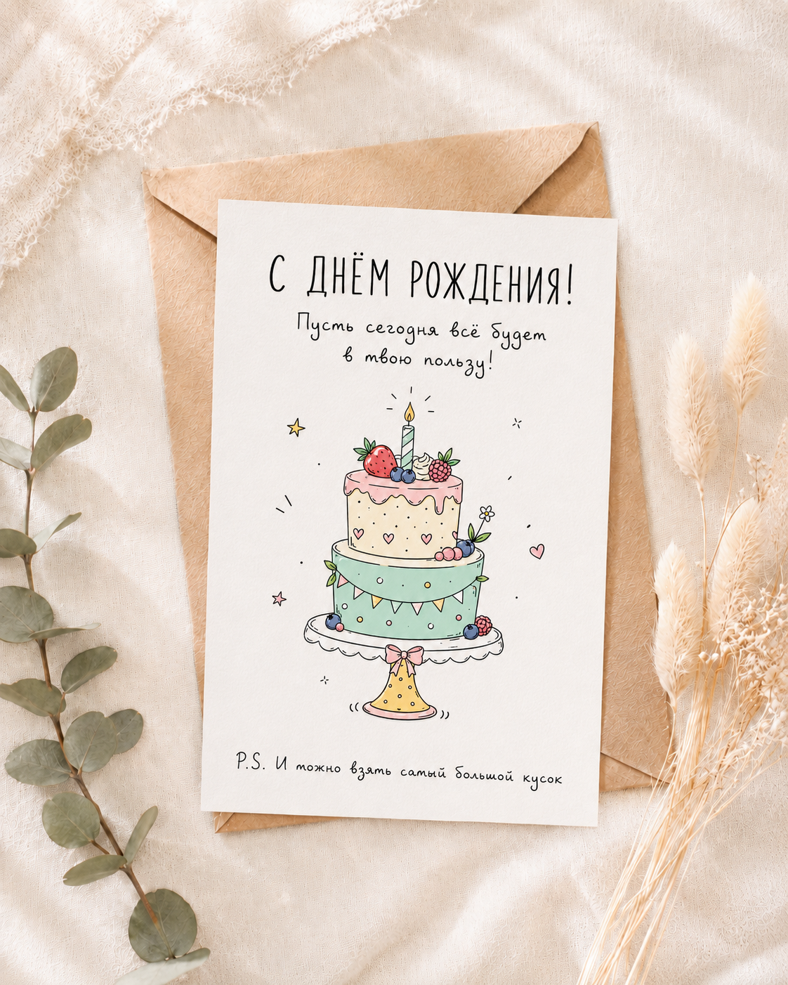 Открытка с днем рождения с тортом «Всё в твою пользу», 10×15 см, с крафт-конвертом