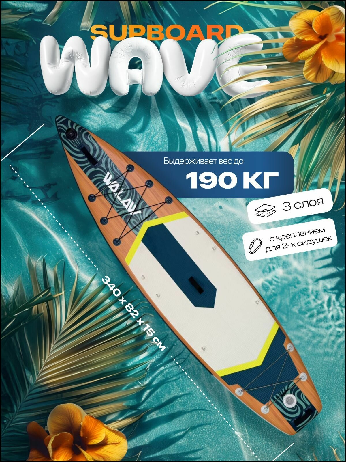 Sup доска Walaw GreenWave 340*82*15 надувная для серфинга с веслом ТОП Sup-доски сап борд прогулочный для двоих