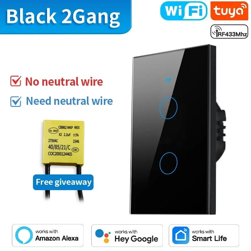 TNCE Tuya Умный Выключатель WiFi/Zigbee WIFI Black 2 gang