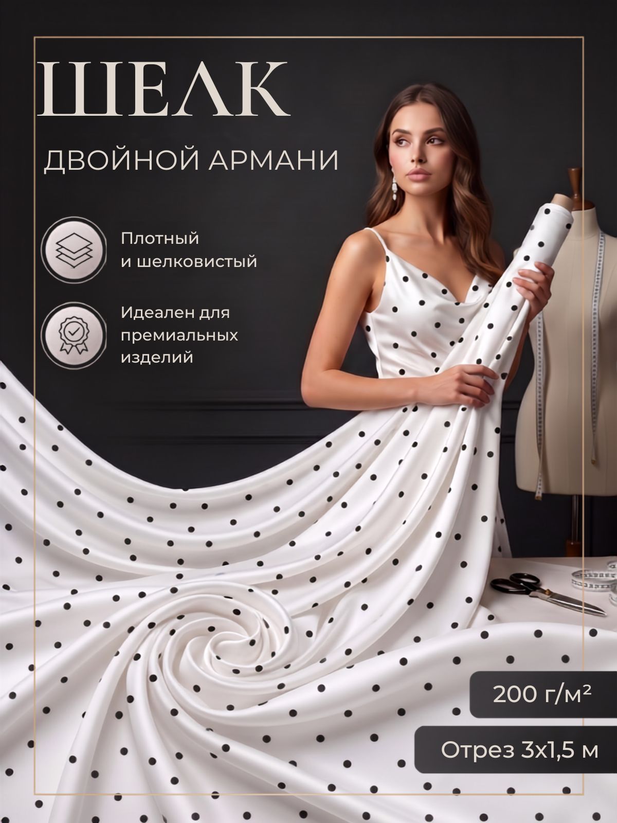 Ткань для шитья двойной армани шёлк в горох 3 м