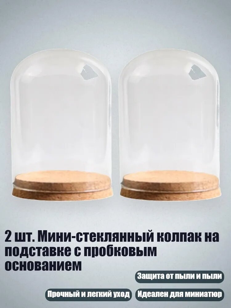 2 шт. Мини-стеклянный колпак на подставке с пробковым основанием, - 8x10 см