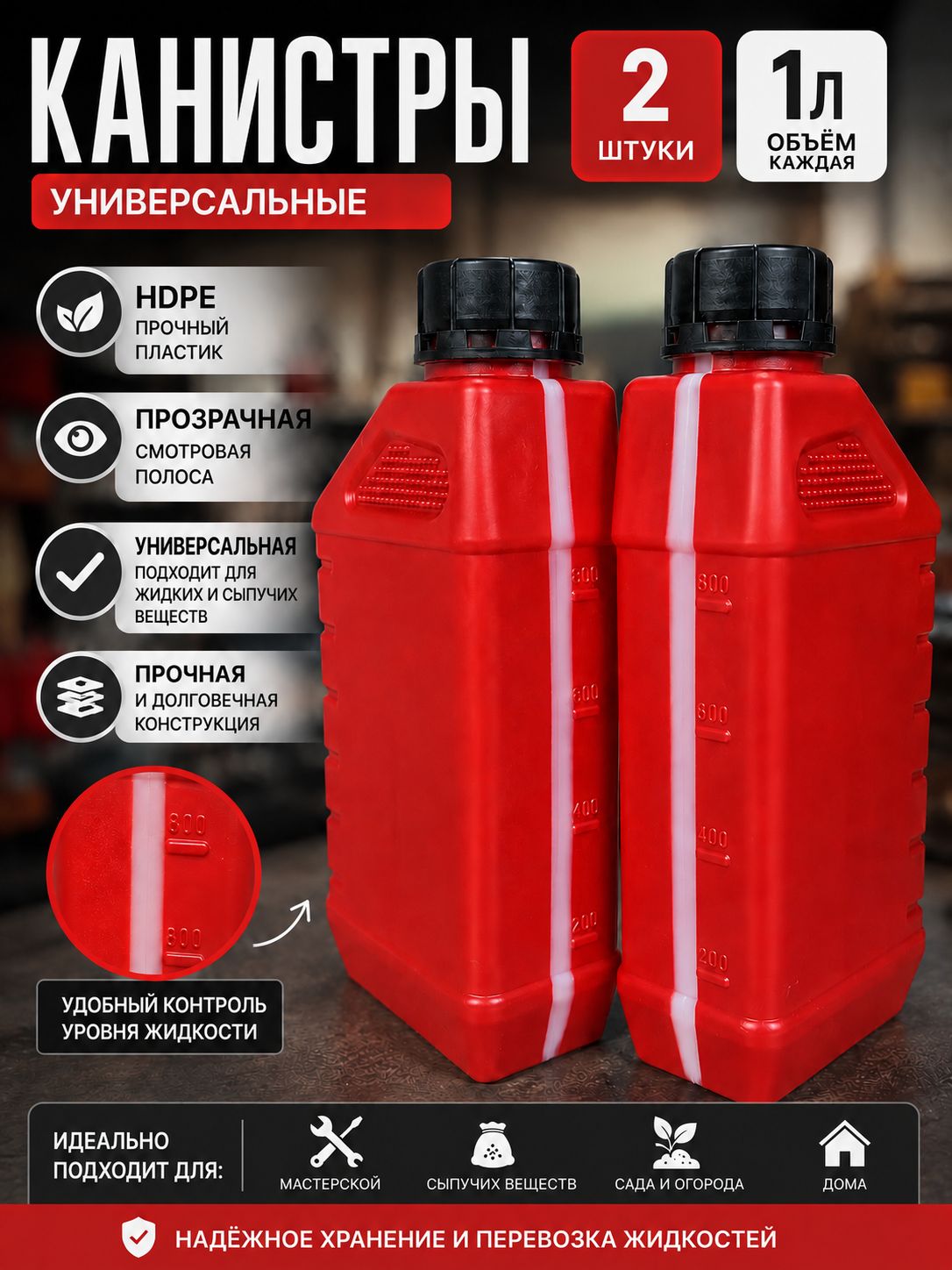 Канистра пластиковая красная, 1 л, 2 шт, универсальная