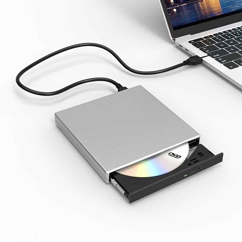 Внешний оптический привод CD/DVD USB 3.0 портативный ультратонкий с функцией записи 24x CD и 8x DVD RW, подключение без установки драйверов, для ноутбуков и настольных ПК, серебристый