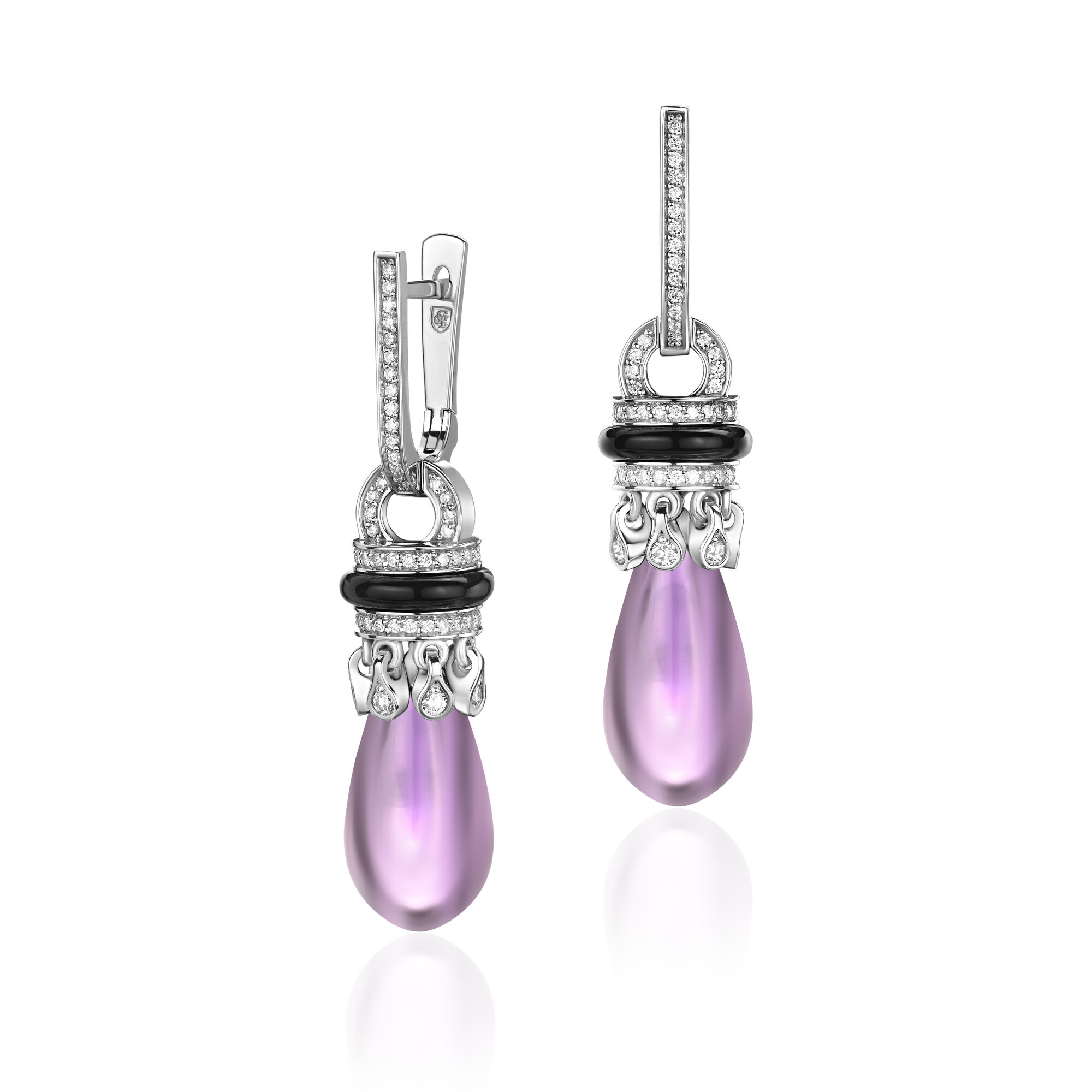 Серьги Эстет, белое золото, 585 проба, аметист, бриллиант, агат