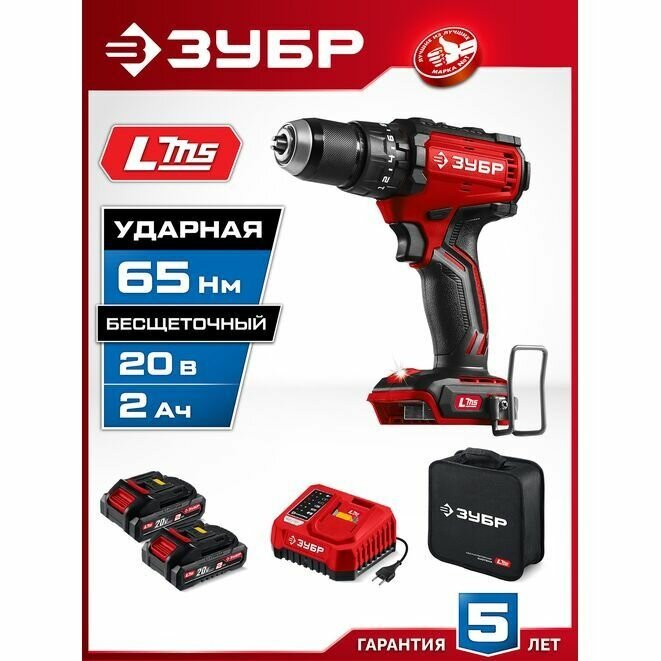 Ударная дрель-шуруповерт, ЗУБР 20 В, 65 Н м, 2 АКБ LMS (2 А ч)
