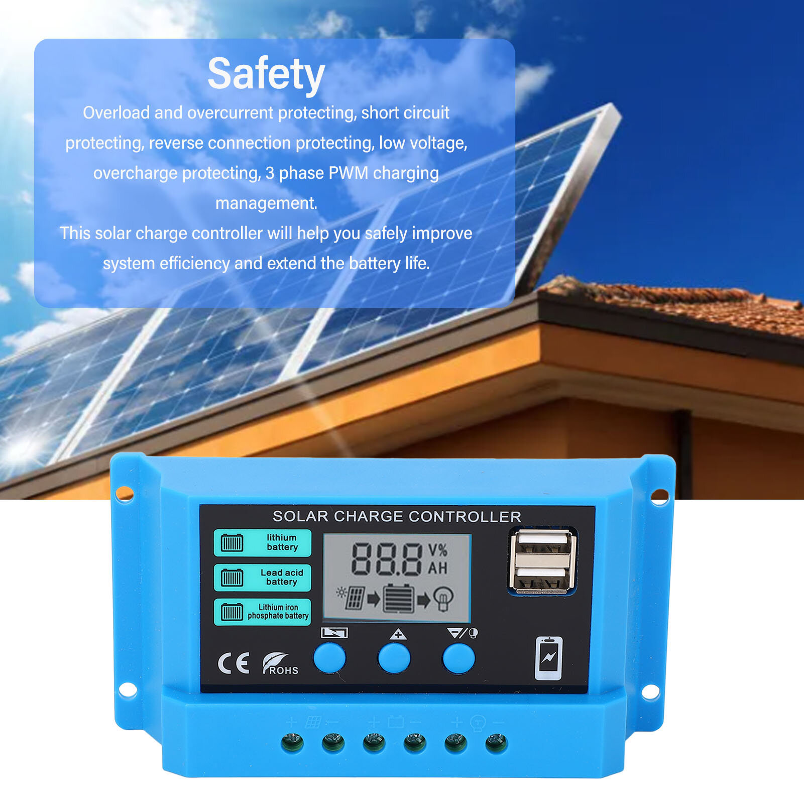 Фотоэлектрический контроллер заряда солнечной батареи 12 В 24 В, адаптивный ЖК-дисплей с низким собственным потреблением, ШИМ-контроллер солнечной батареи, регулятор солнечной панели 20 А