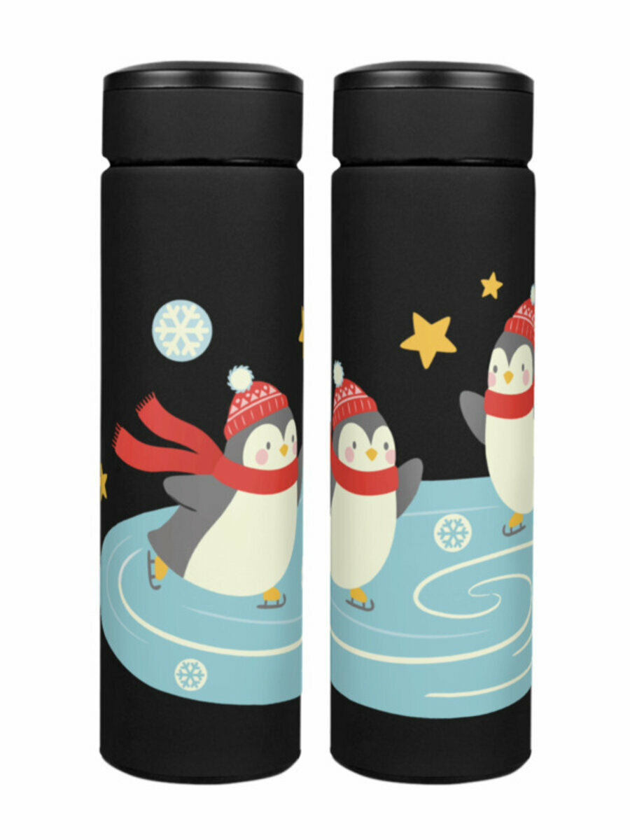 Термос «Пингвины на катке» (черный)