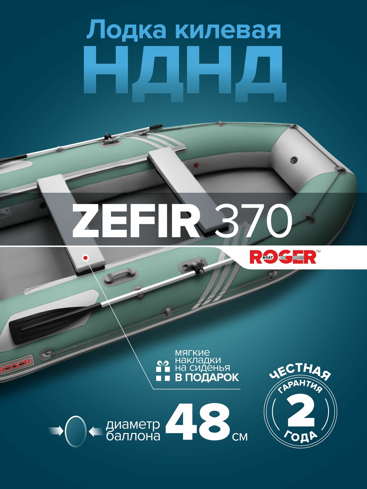 Лодка ПВХ под мотор ROGER Zefir 370, надувная для рыбалки роджер НДНД с ковриком призма (зеленый-серый)