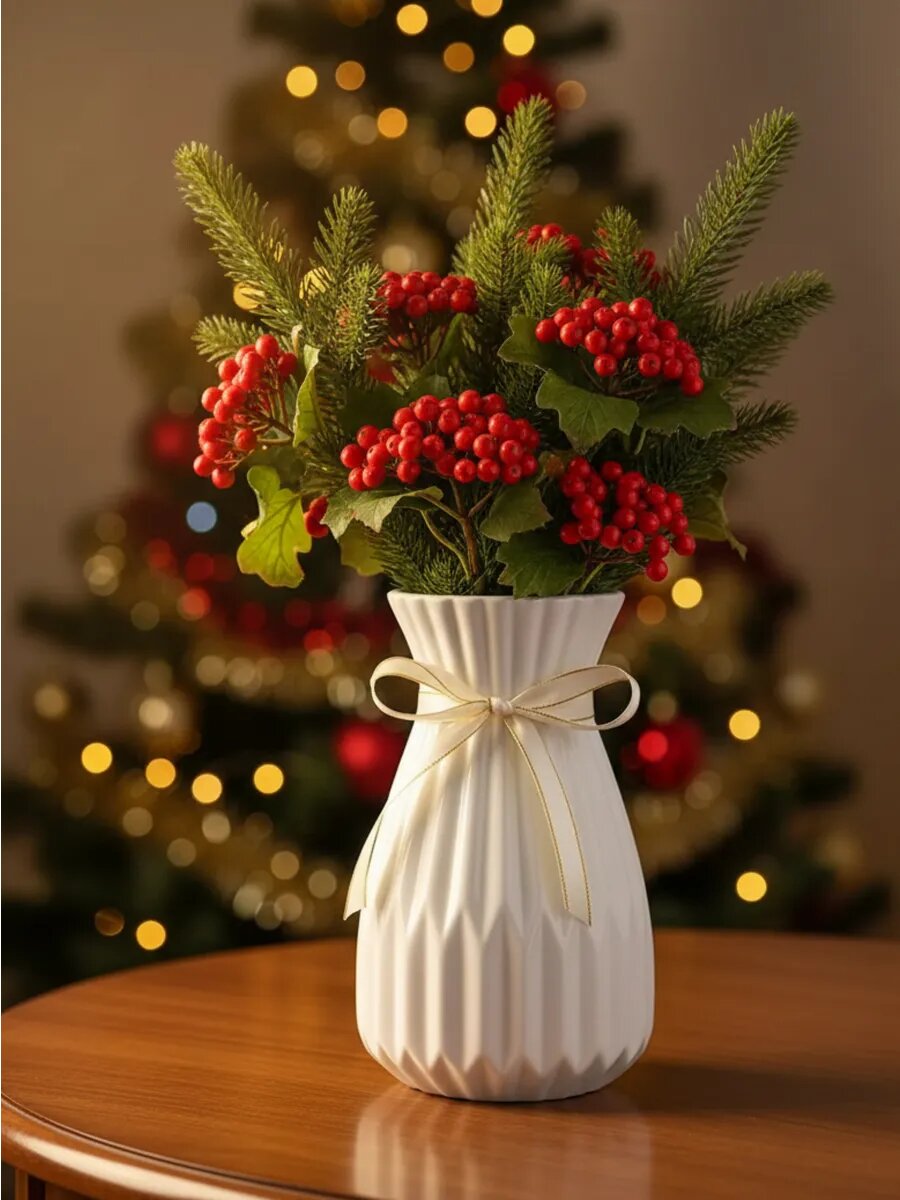 Ваза для цветов и сухоцветов, керамика, глянцевая белая, 16 см