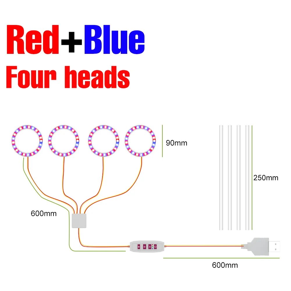 LED Фитолампа для комнатных растений USB Синий, 4 Heads Red Blue