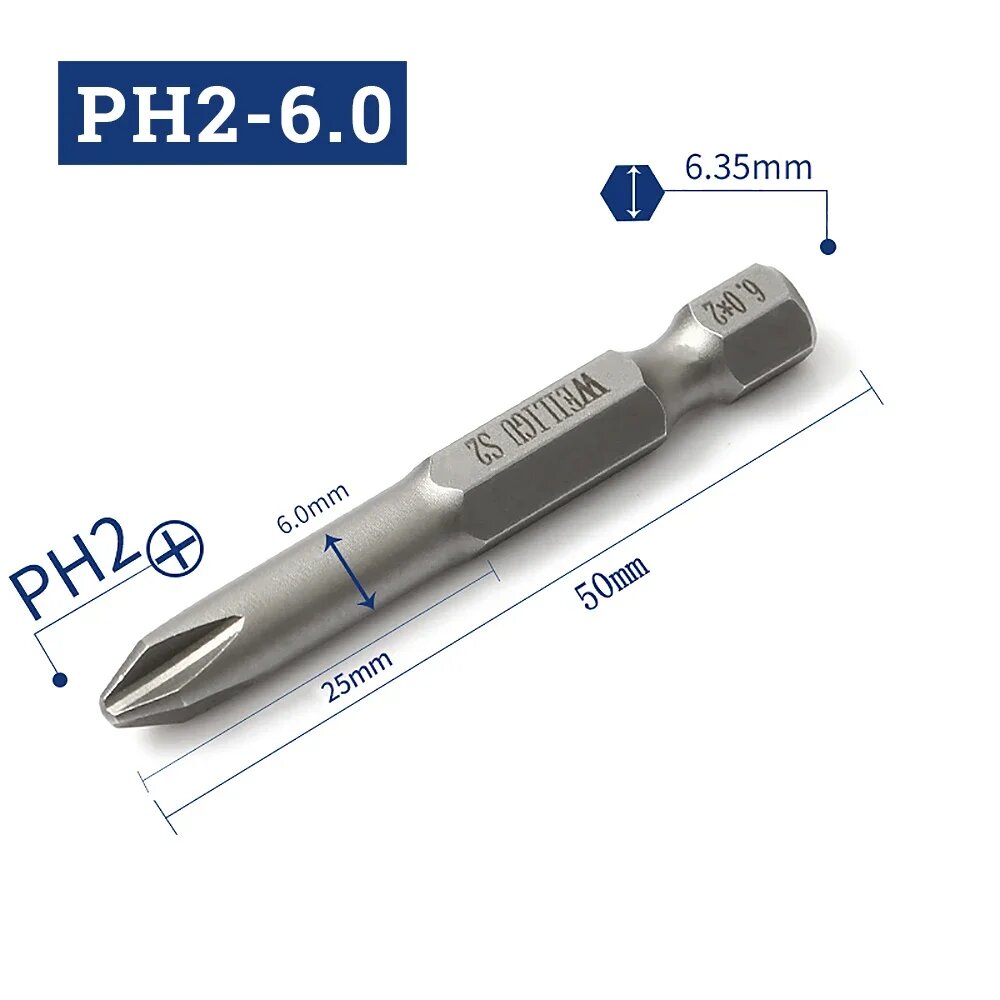 Насадки для крестовой отвертки Philips PH00 PH0 PH1 PH2 стальные S2 50/70 мм 1 шт. 50mmx6.0xPH2