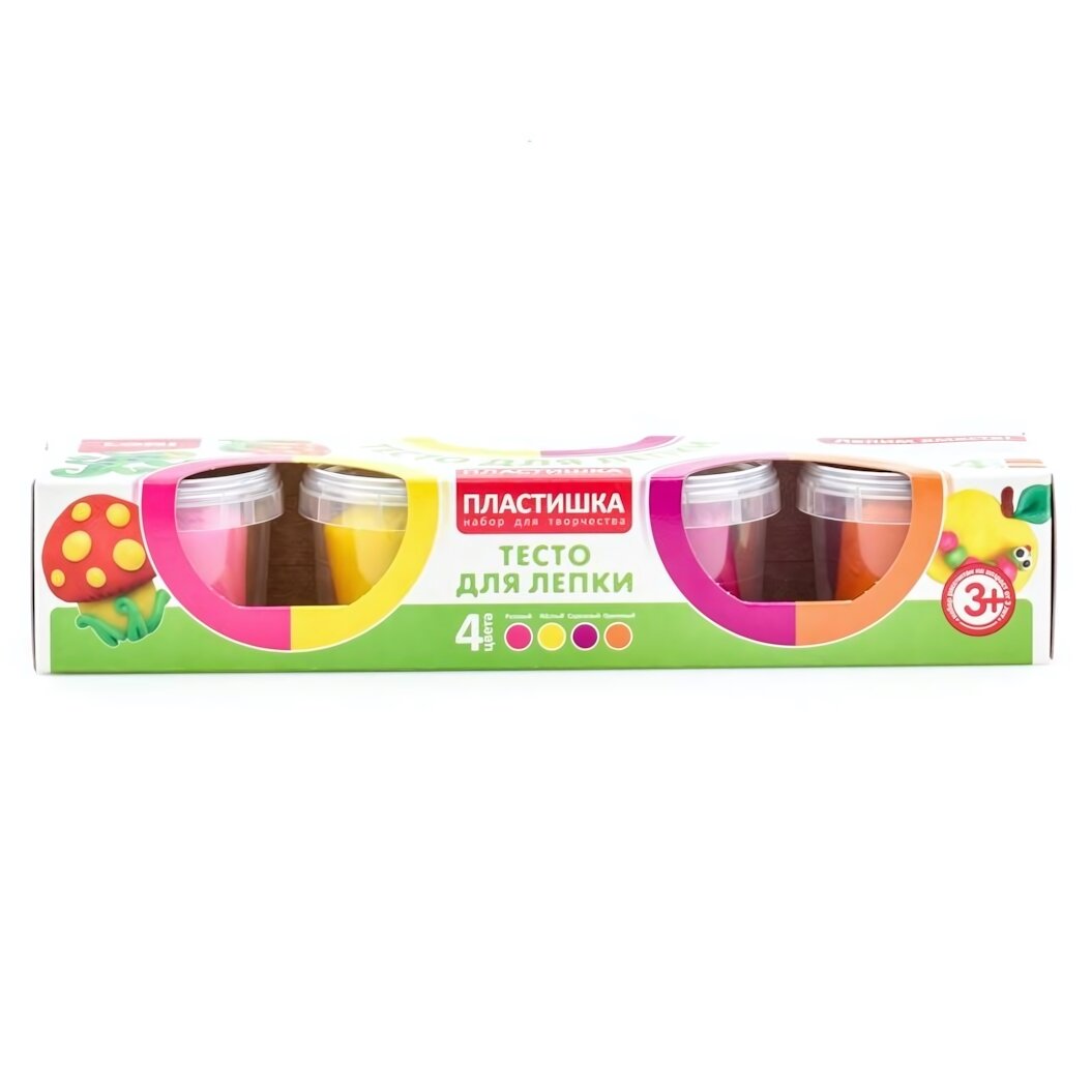 Тесто для лепки "Пластишка", набор для творчества, 4 цвета в ассортименте (розовый, жёлтый, оранжевый, красный), 3+