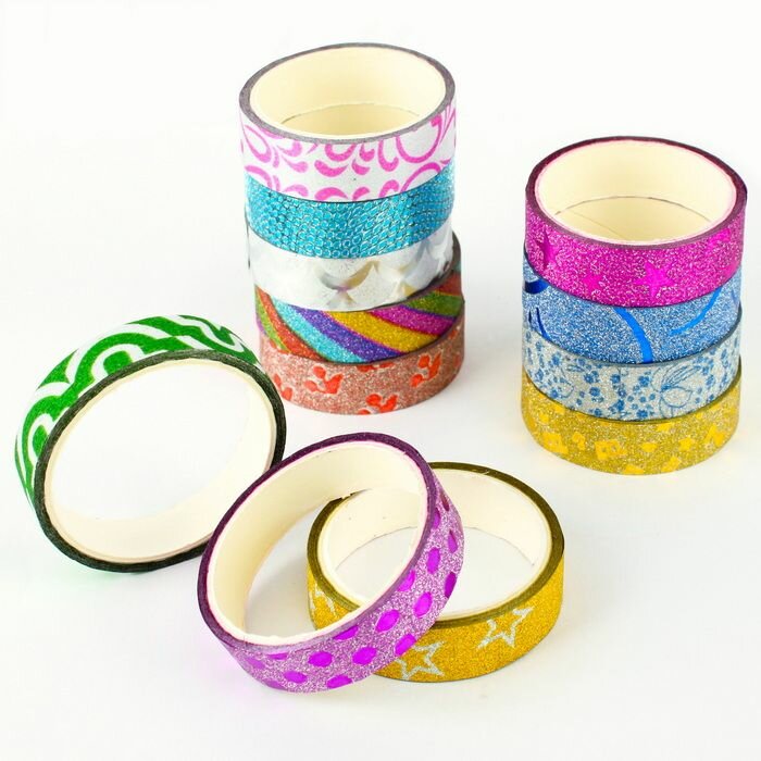 Клейкая лента декоративная 15мм x 3м, 12 штук в упаковке, блестки, ассорти