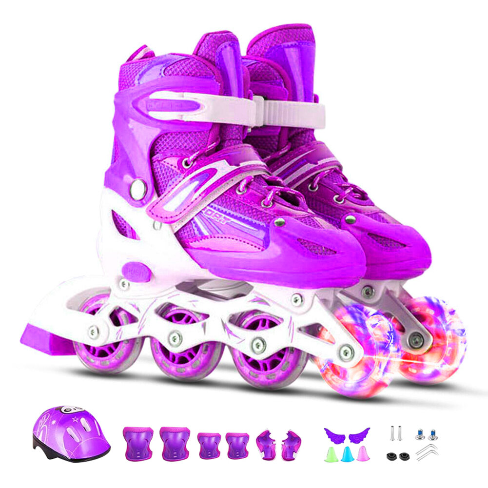 Ролики для детей настройки с освещающими колесами комплект с шлемом защитным экипированием баррикадами гаечкой для мальчиков девочек новичков для улицы и дома Розовый Синий Красный Фиолетовый Размеры S(27-33) M(33-37) L(37-41)